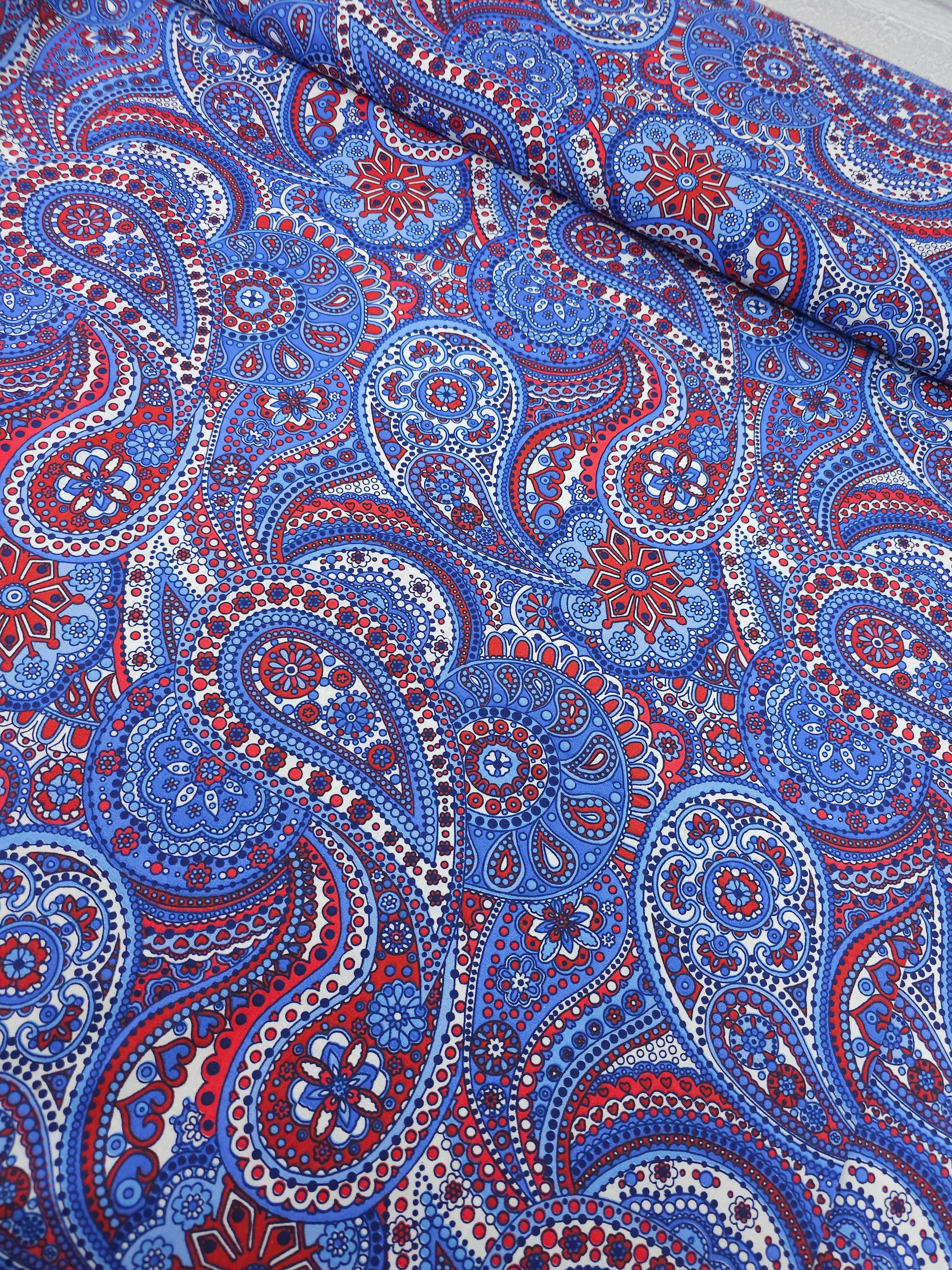 Periwinkle Blue/Red Quirky Paisley Paradise 100% Cotton 106" *EXTRA WI ...