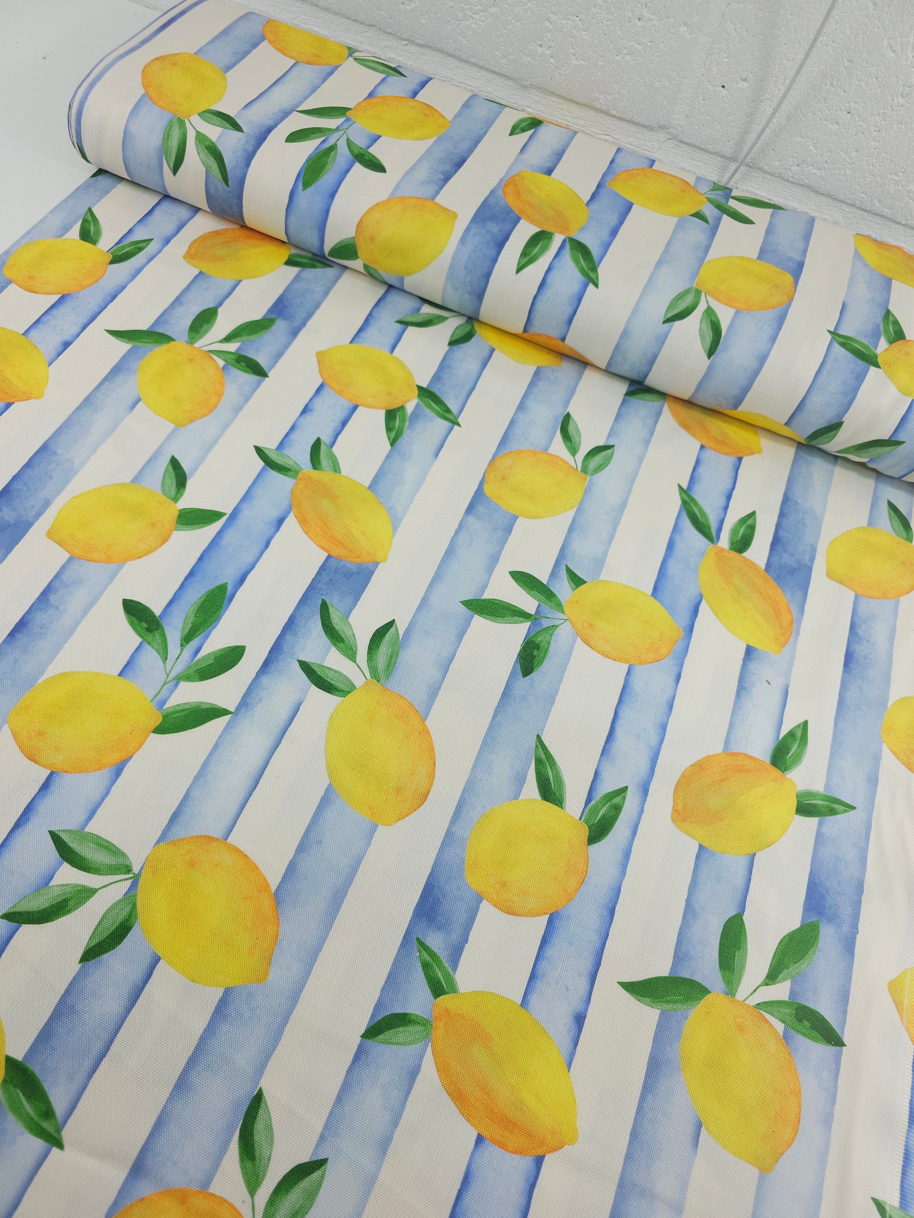 Falling Lemons Block Stripe Lightweight Canvas Cotton – Rainbow Fabrics